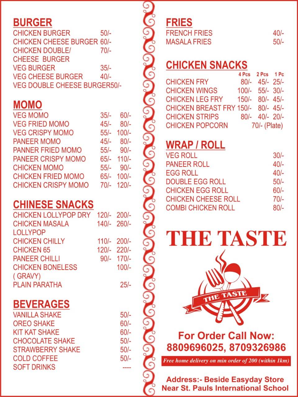 Menu at The Taste, Patna, Sandalpur Rd