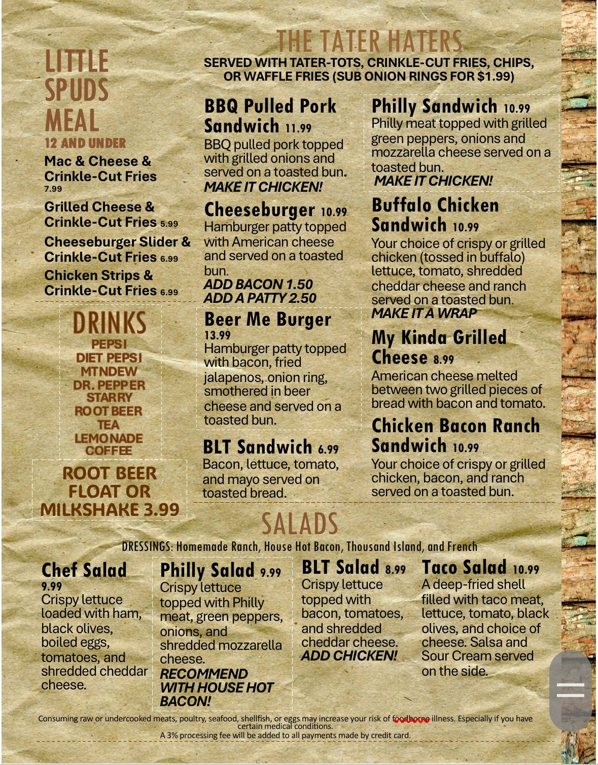 Menu at The Tater Shack restaurant, De Soto