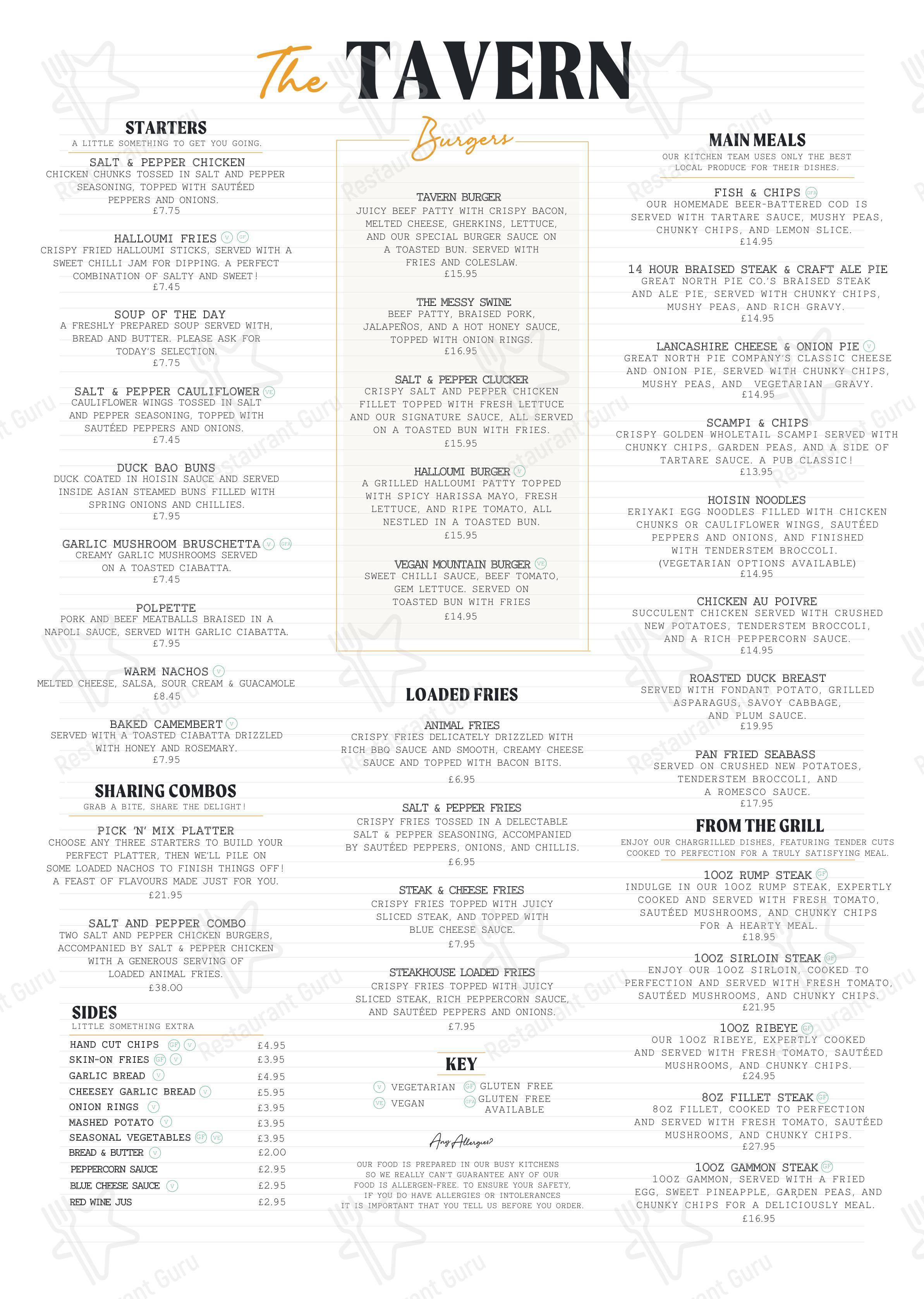 Menu at The Tavern pub & bar, Widnes, 288 Upton Ln
