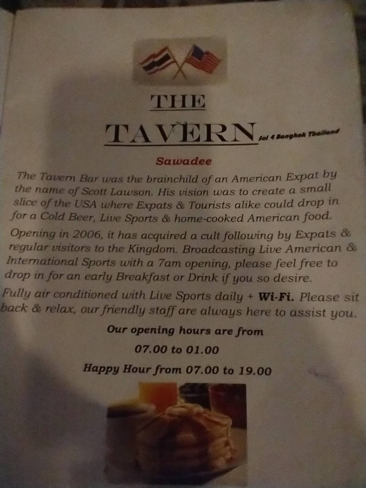 Menu at The Tavern pub & bar, Bangkok
