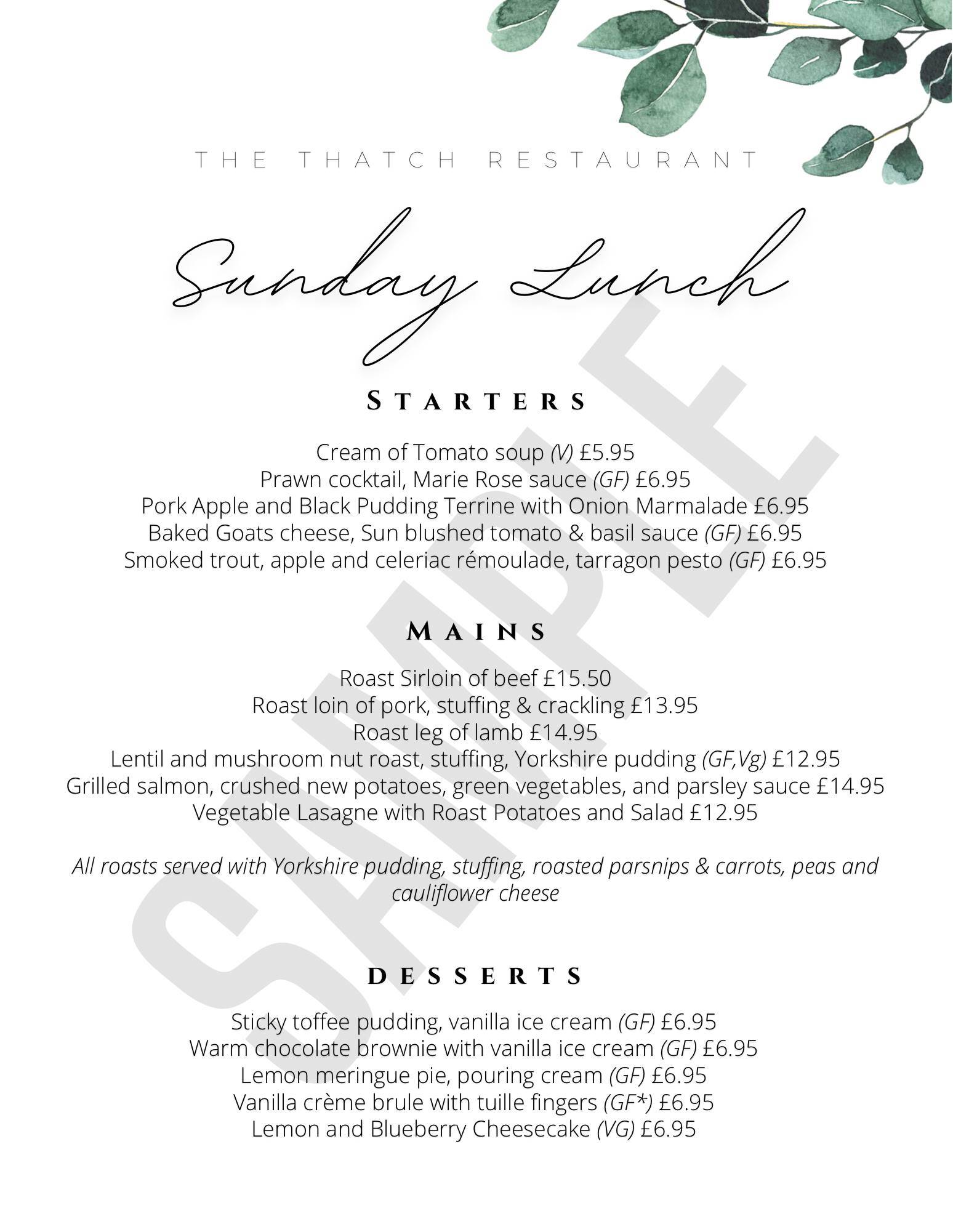 Menu at The Thatch at Bottesford restaurant, Bottesford