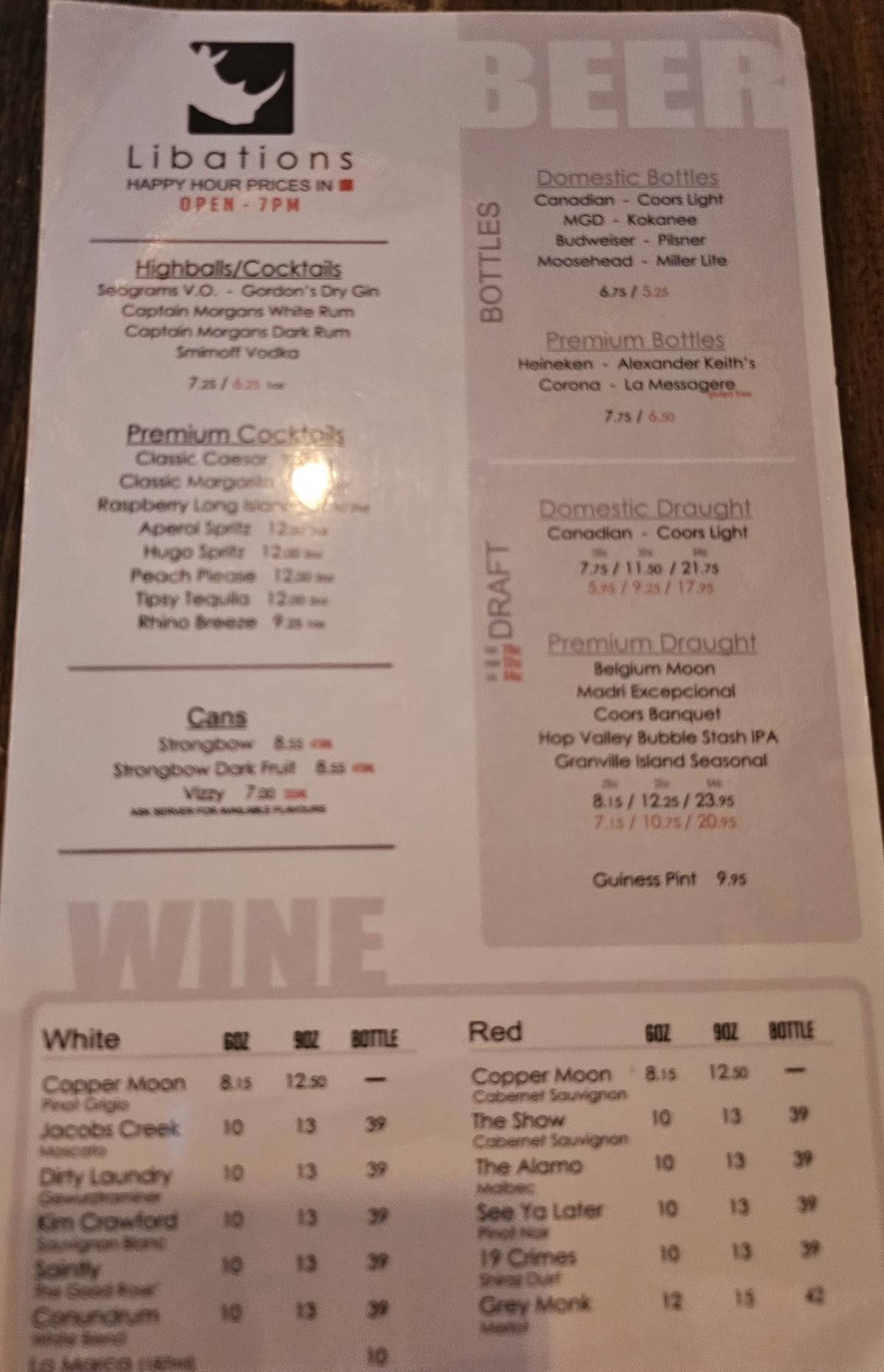 Menu at The Thirsty Rhino pub & bar, Edmonton