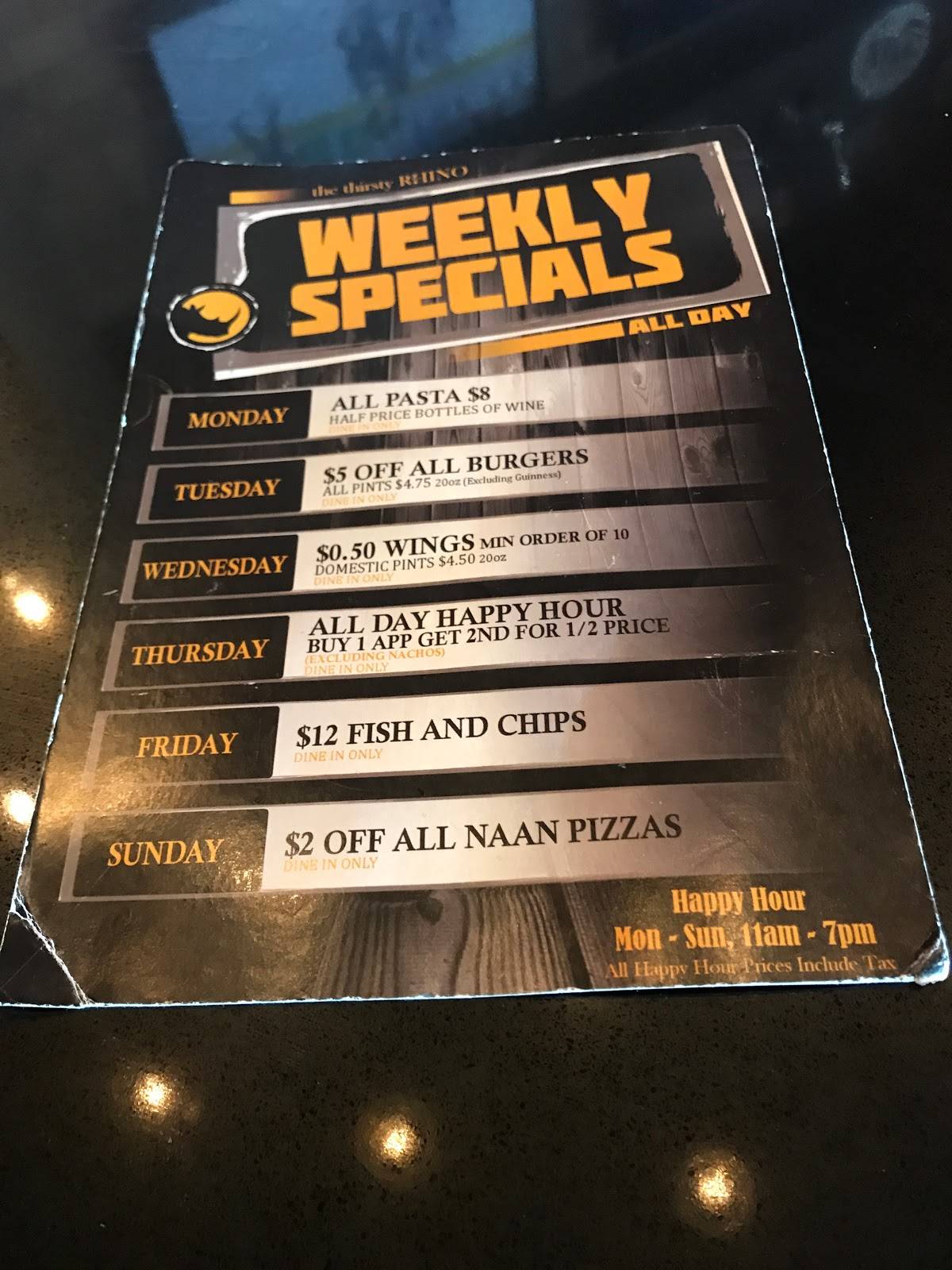 Menu at The Thirsty Rhino pub & bar, Edmonton