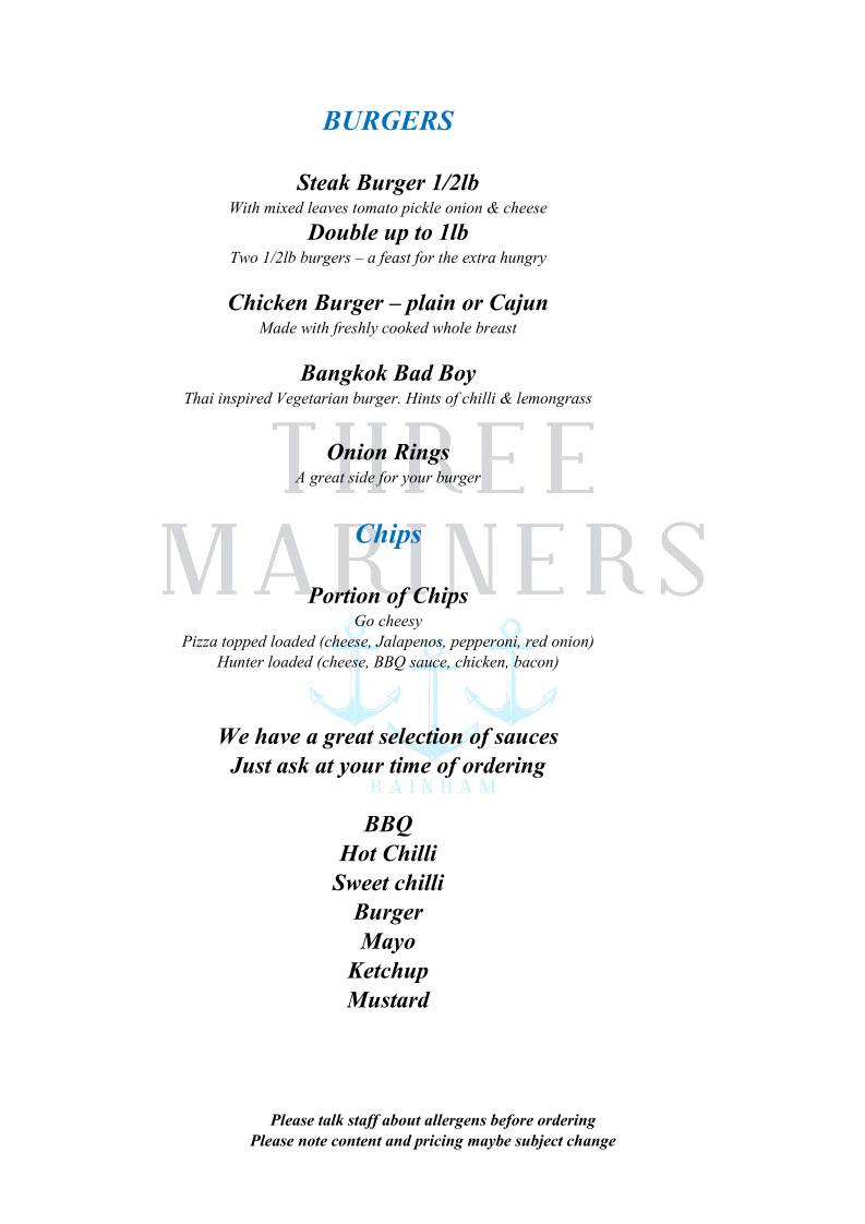 Menu at The Three Mariners pub & bar, Rainham, Kent County
