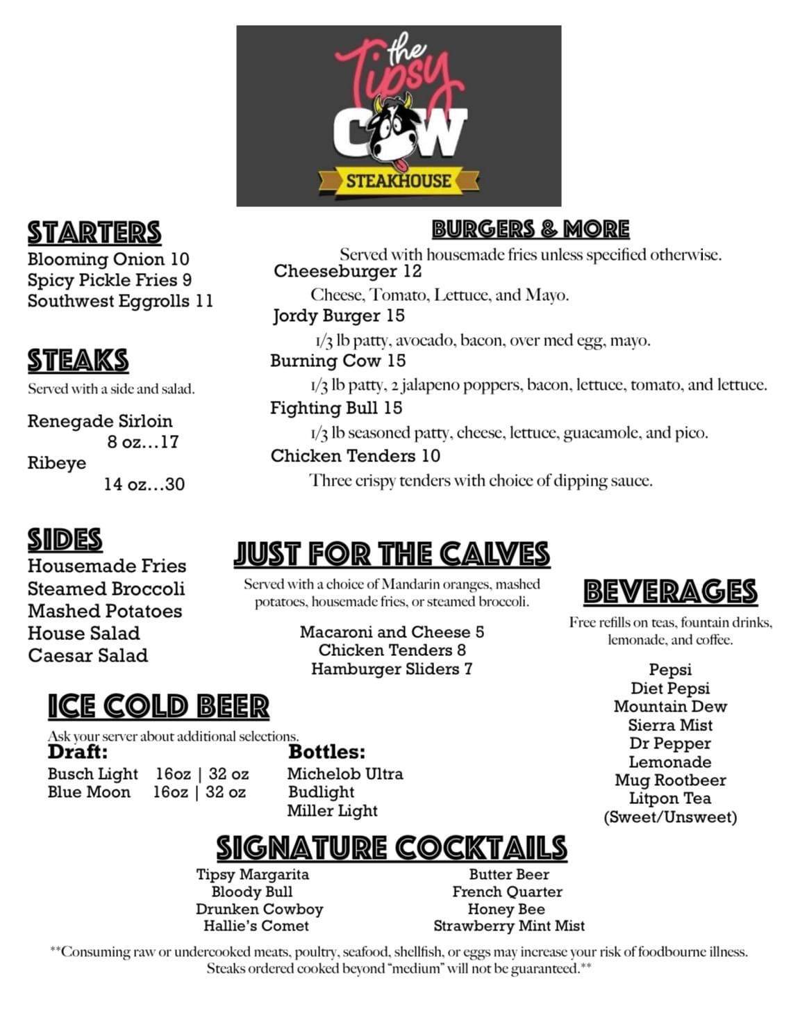 Menu at The Tipsy Cow Steakhouse, California