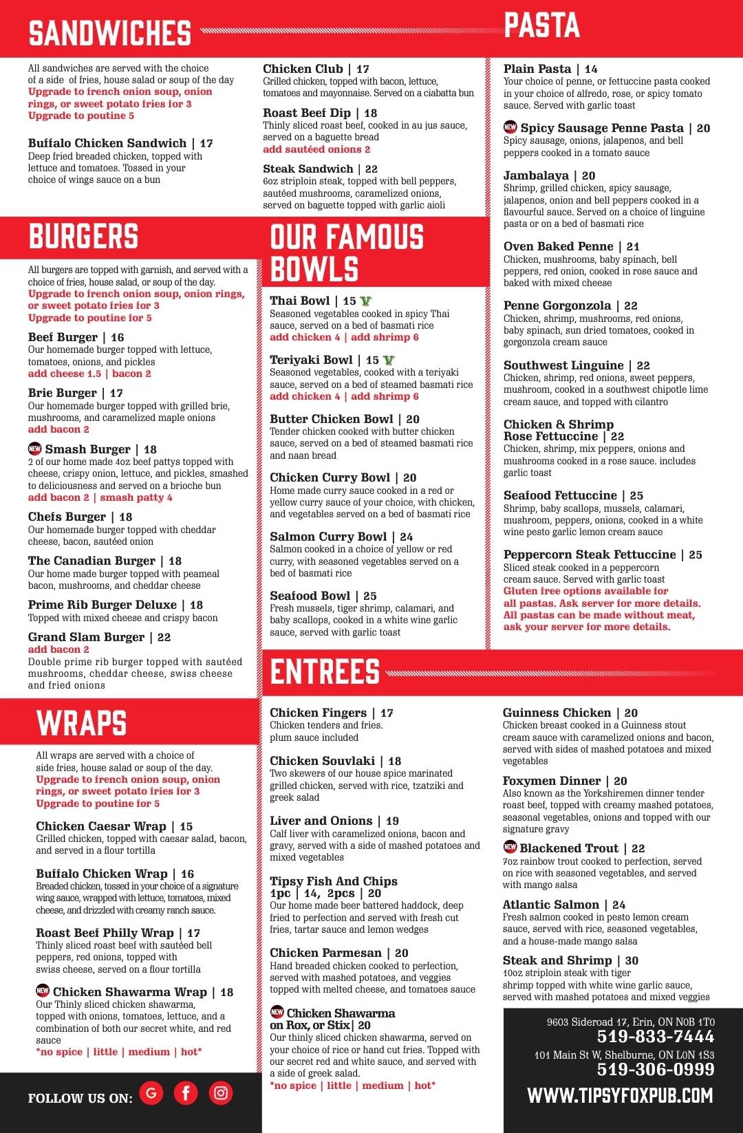 Menu at The Tipsy Fox Pub & Grill - Shelburne, Shelburne