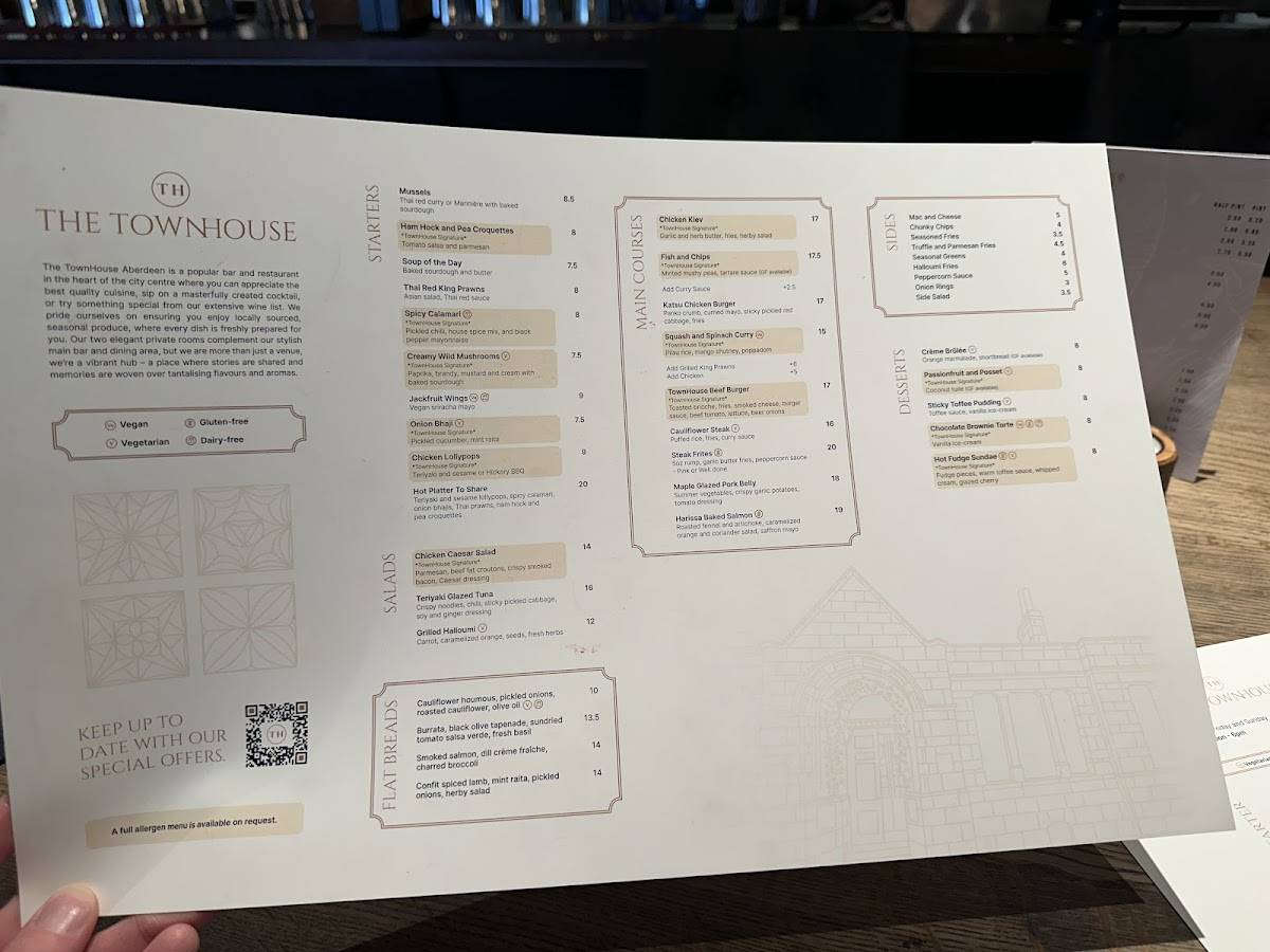 Menu at The TownHouse restaurant, Aberdeen