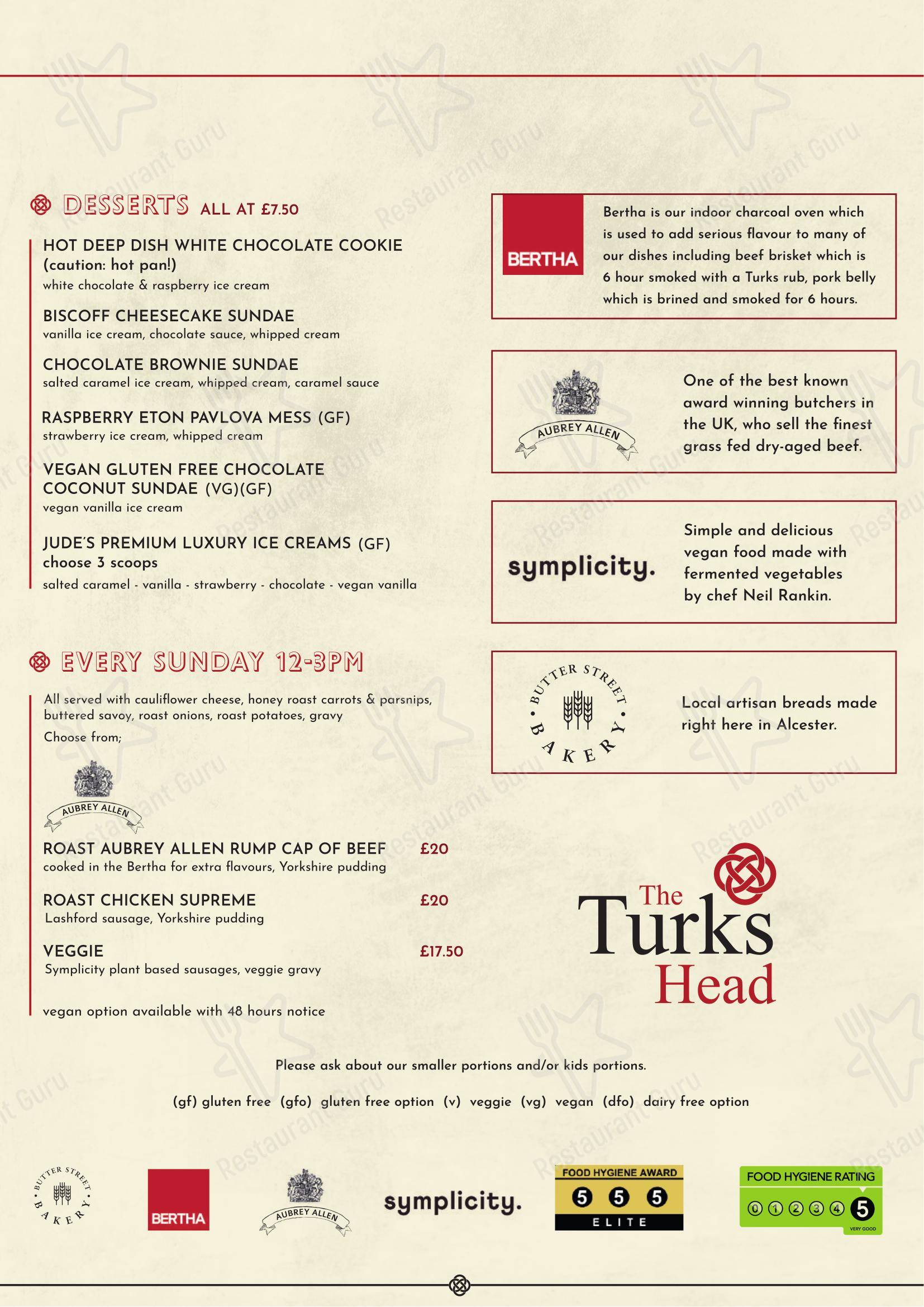 Carta del pub y bar The Turks Head, Alcester