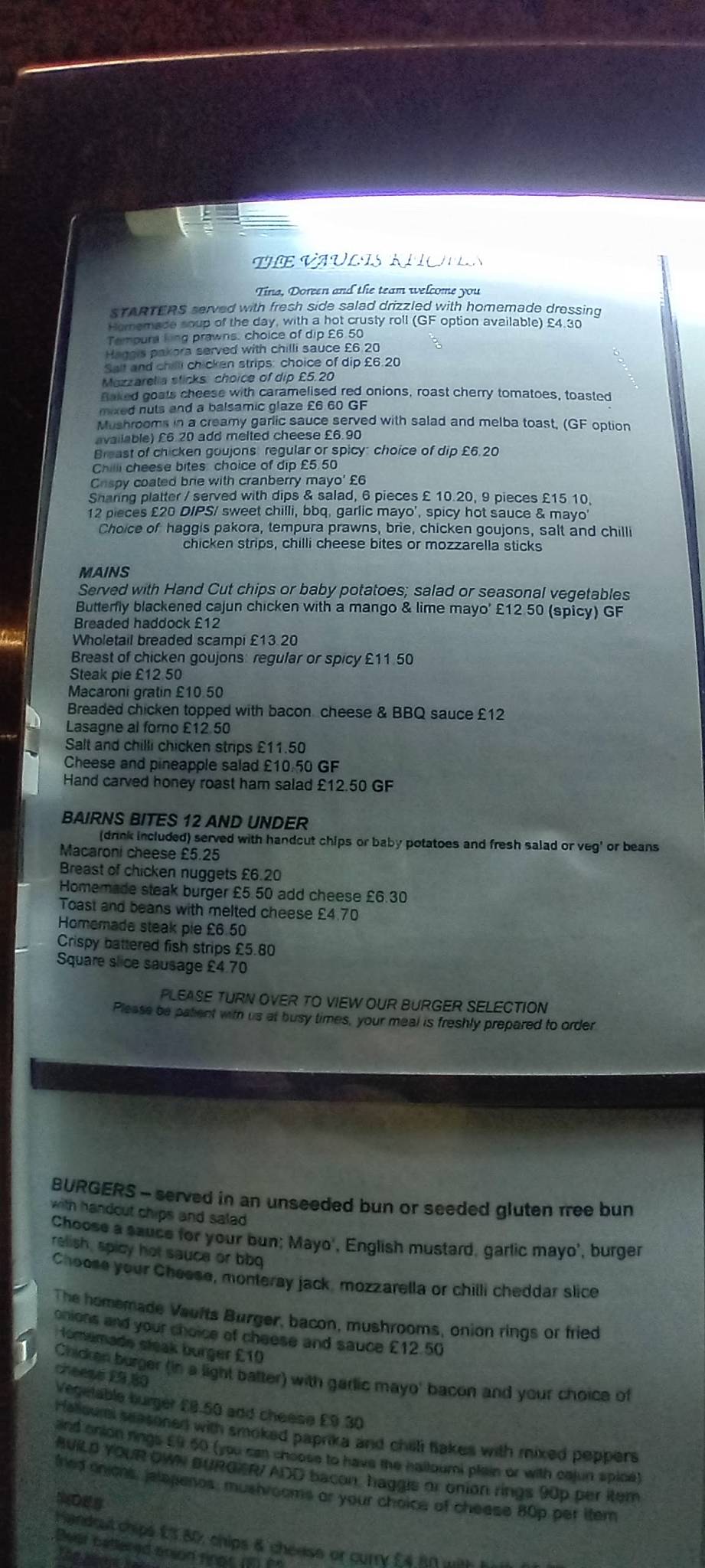 Menu at The Vaults pub & bar, Girvan