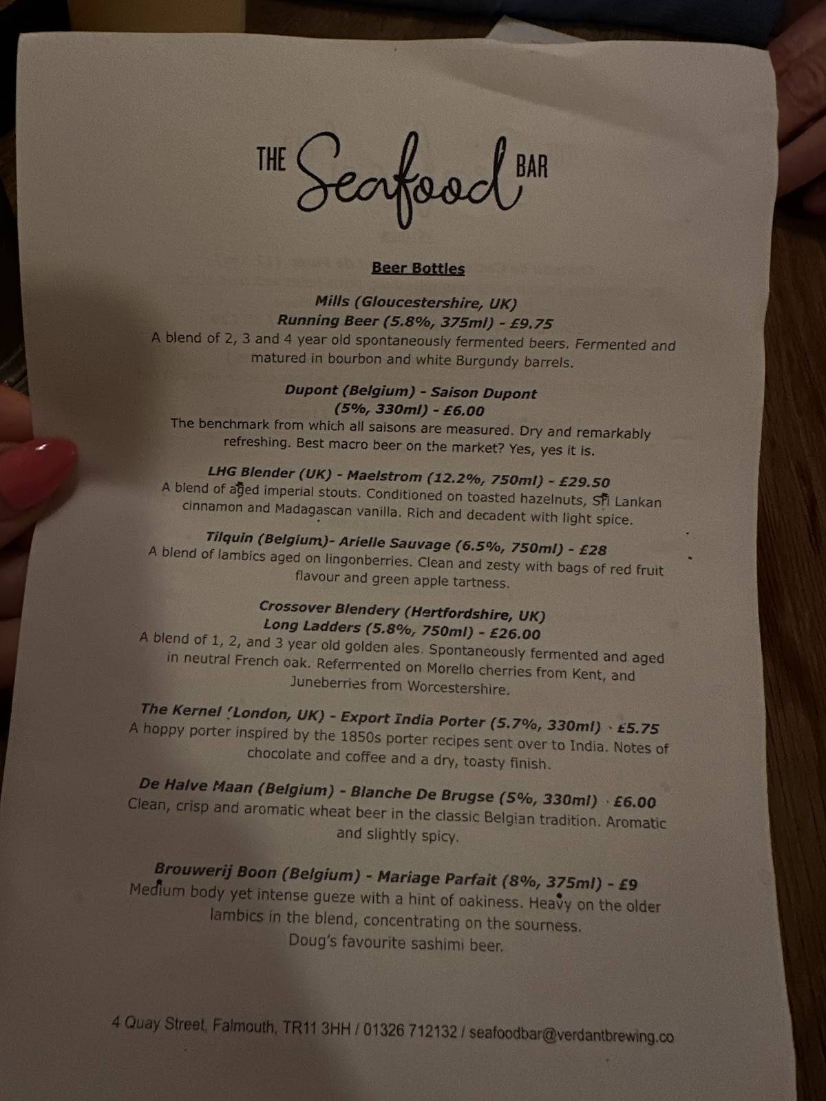 Menu at The Verdant Seafood Bar, Falmouth