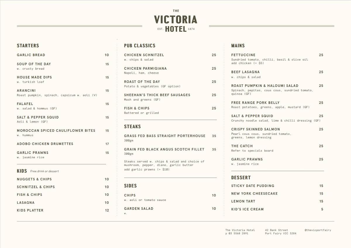 Menu at The Victoria Hotel restaurant, Port Fairy