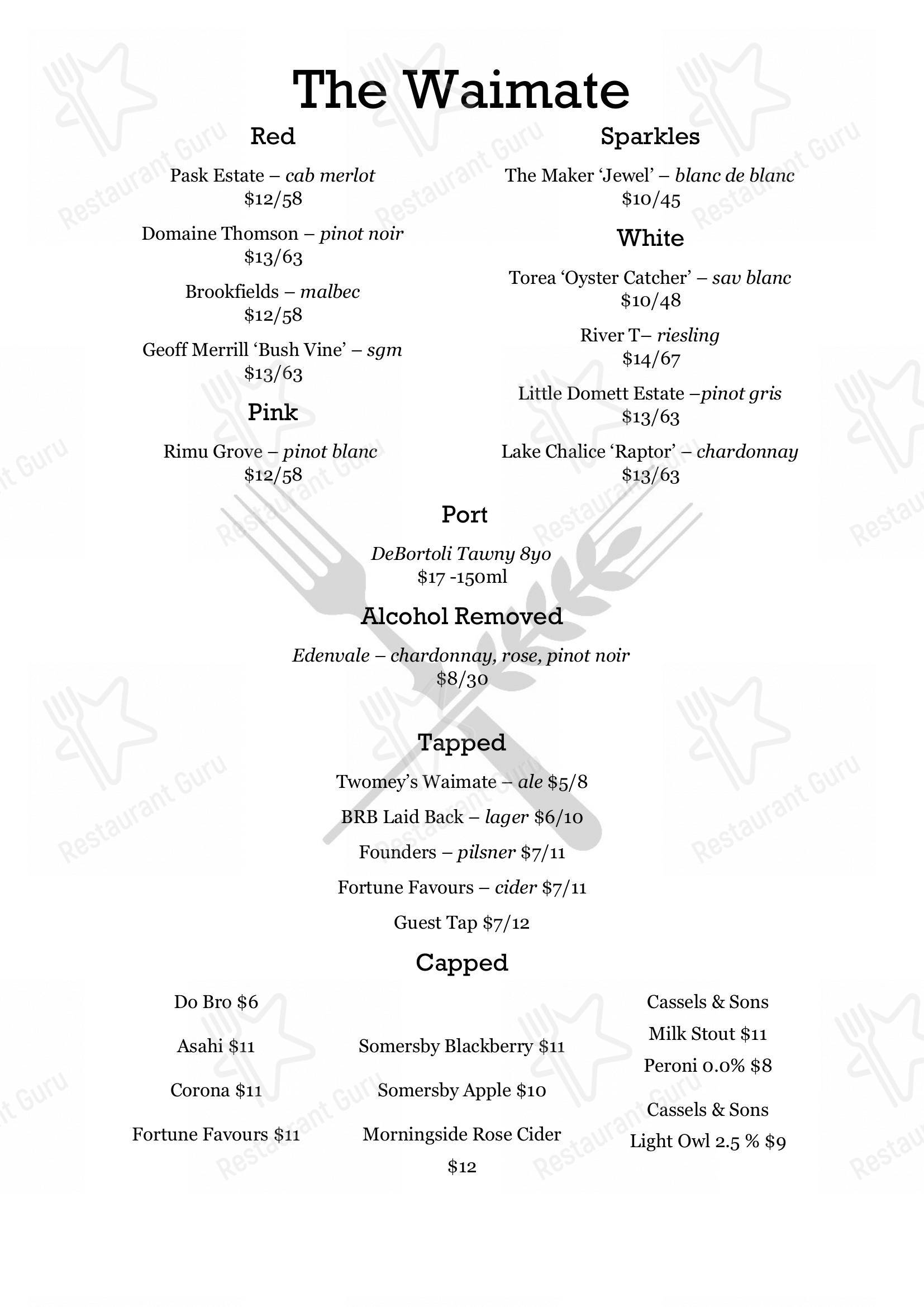 Menu at The Waimate Kitchen & Bar, Waimate