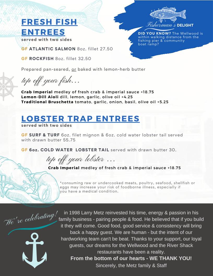 Menu at The Wellwood Restaurant, Charlestown, 523 Water St