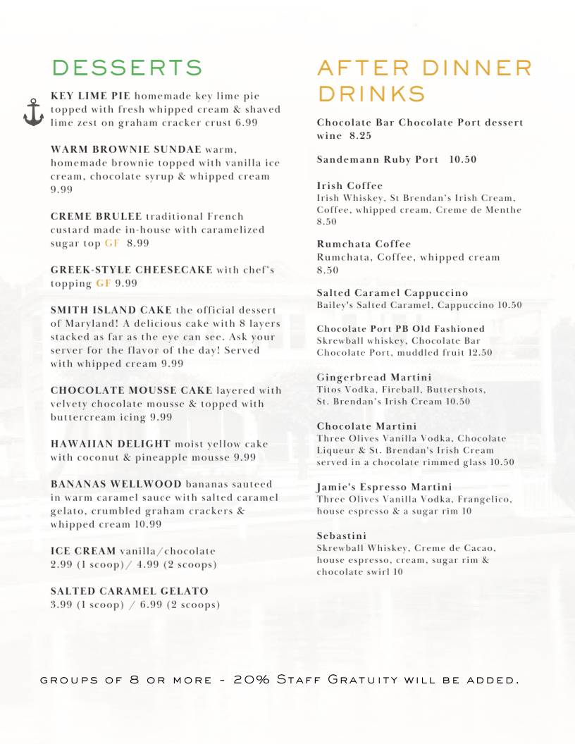 Menu at The Wellwood Restaurant, Charlestown, 523 Water St