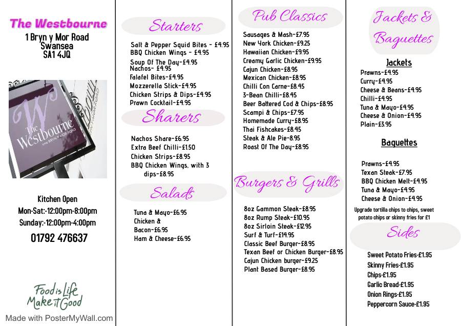 Menu at The Westbourne pub & bar, Swansea, 1 Brynymor Rd
