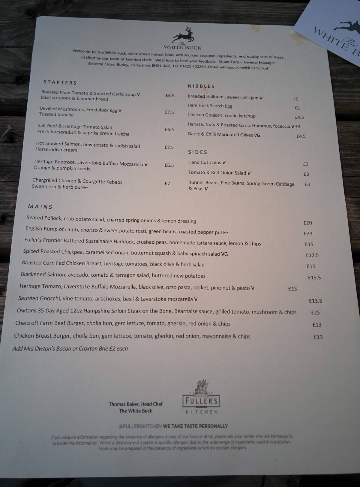 Menu at The White Buck, Burley pub & bar, Burley