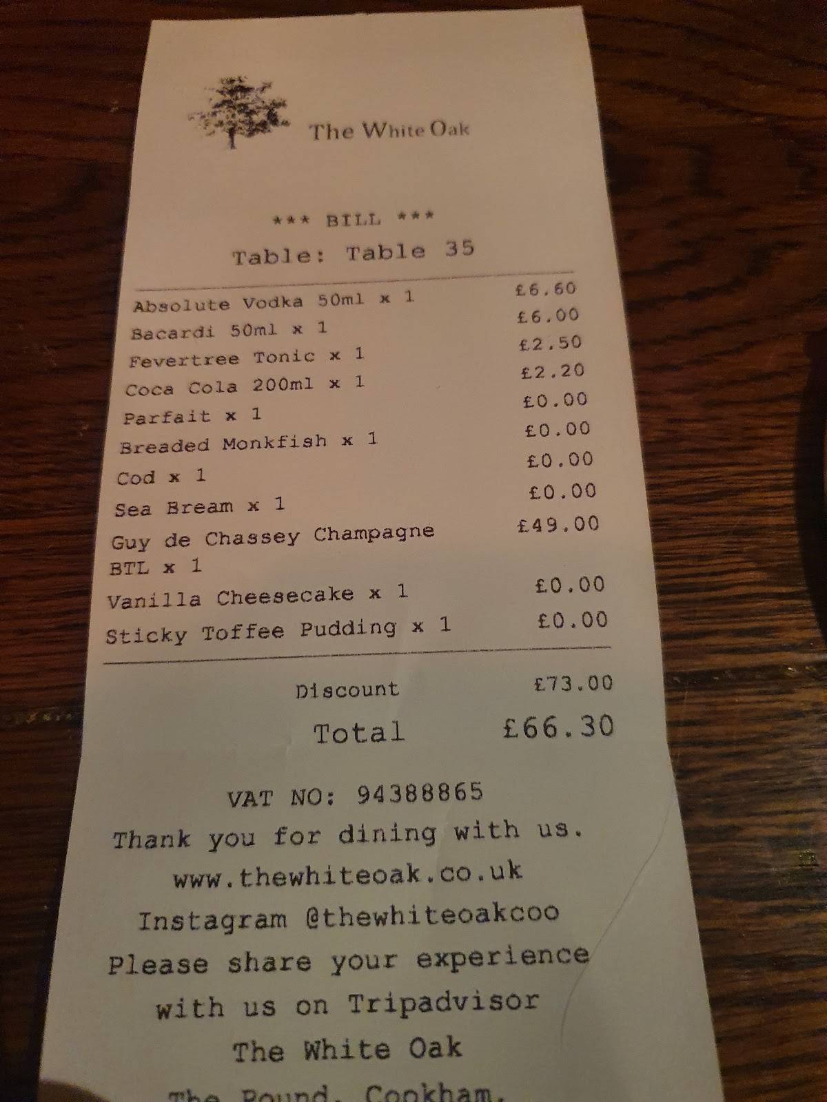 Menu at The White Oak pub & bar, Maidenhead