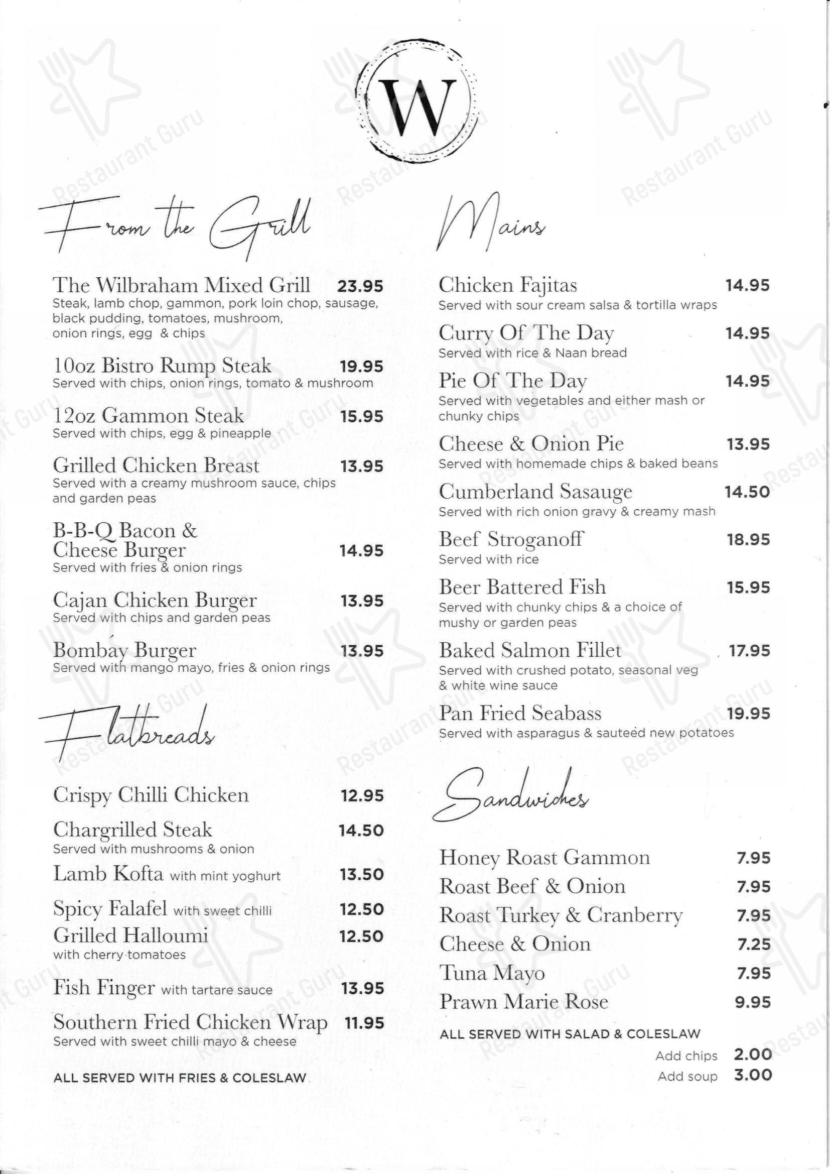 Menu at The Wilbraham Arms, Alsager pub & bar, Rode Heath