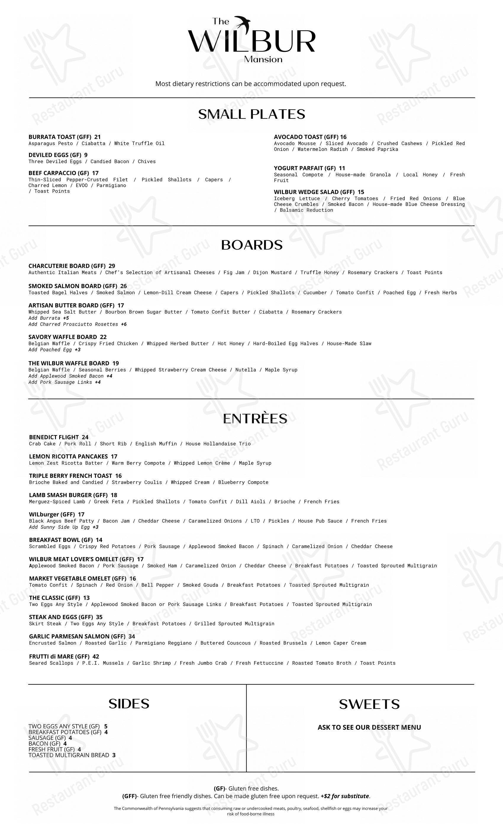 Menu at The Wilbur Mansion pub & bar, Bethlehem, 201 Cherokee St