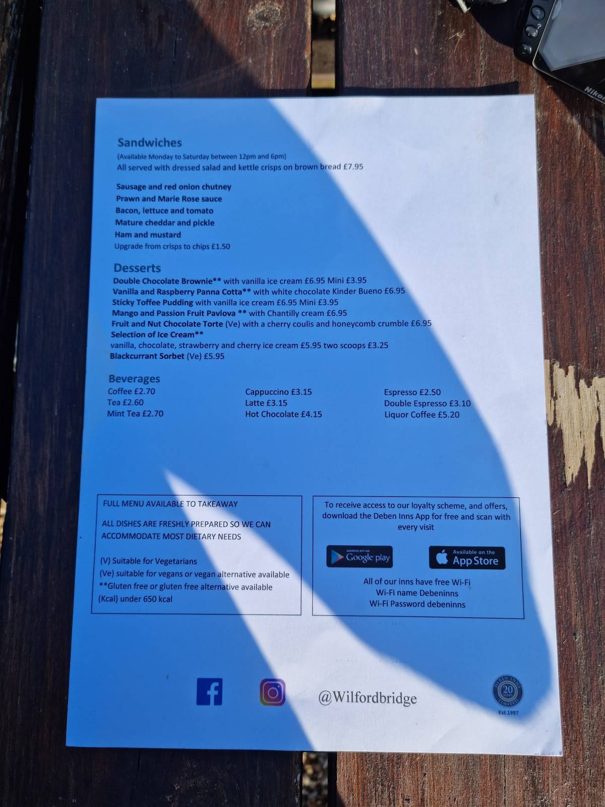 Menu at The Wilford Bridge pub & bar, Woodbridge