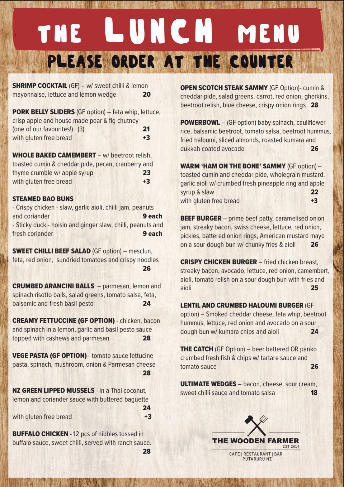 Menu at The Wooden Farmer restaurant, Putaruru