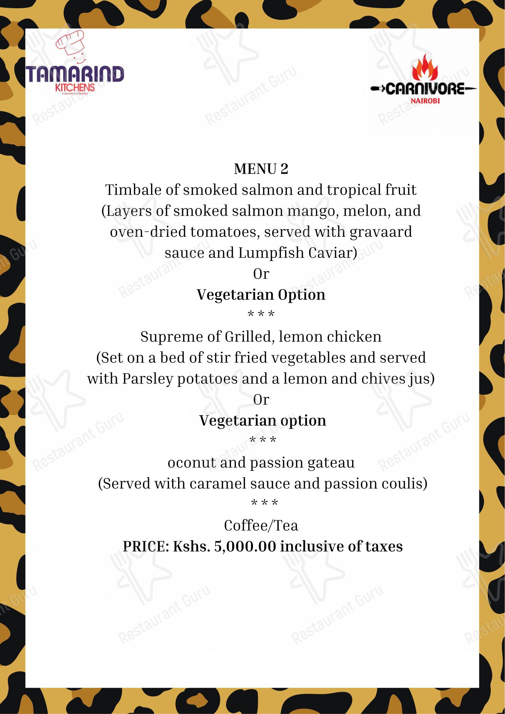 Carta de The Carnivore Restaurant, Nairobi