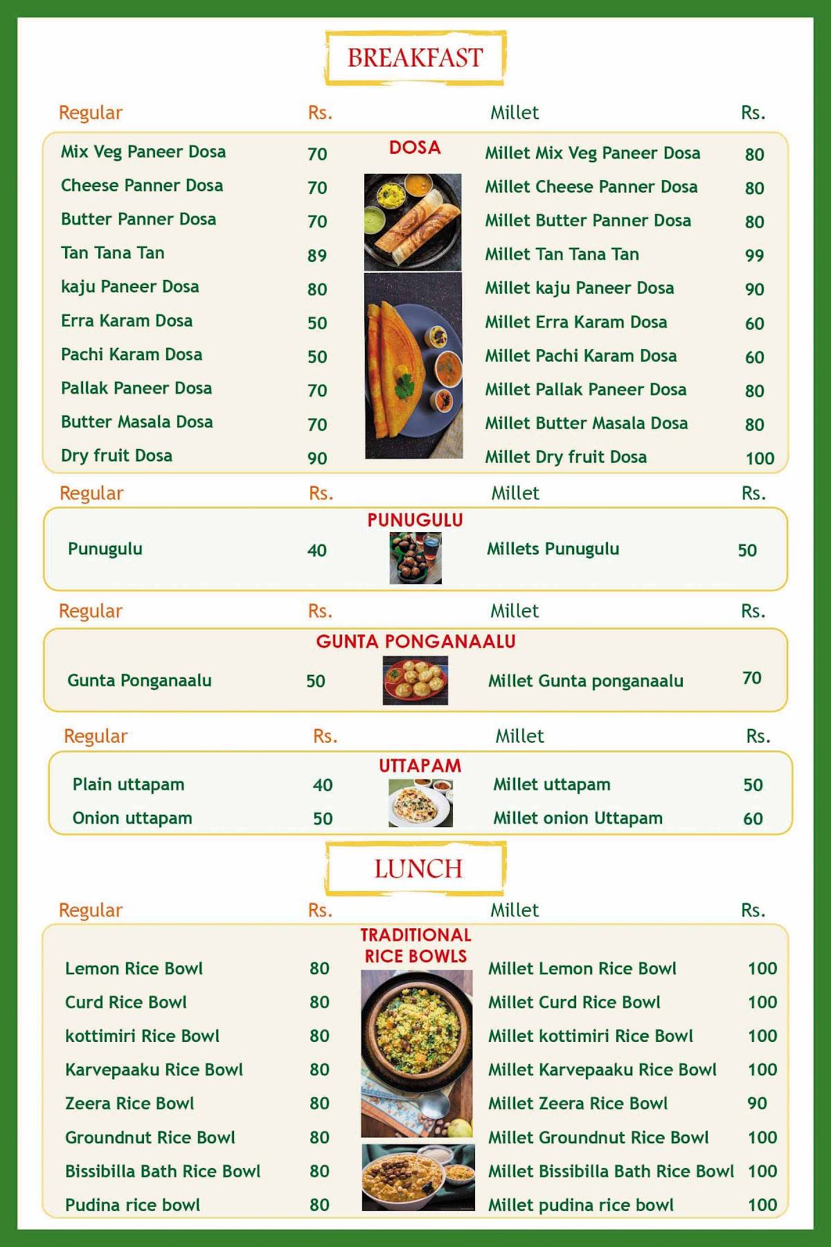 Menu at The millets, Rajahmundry