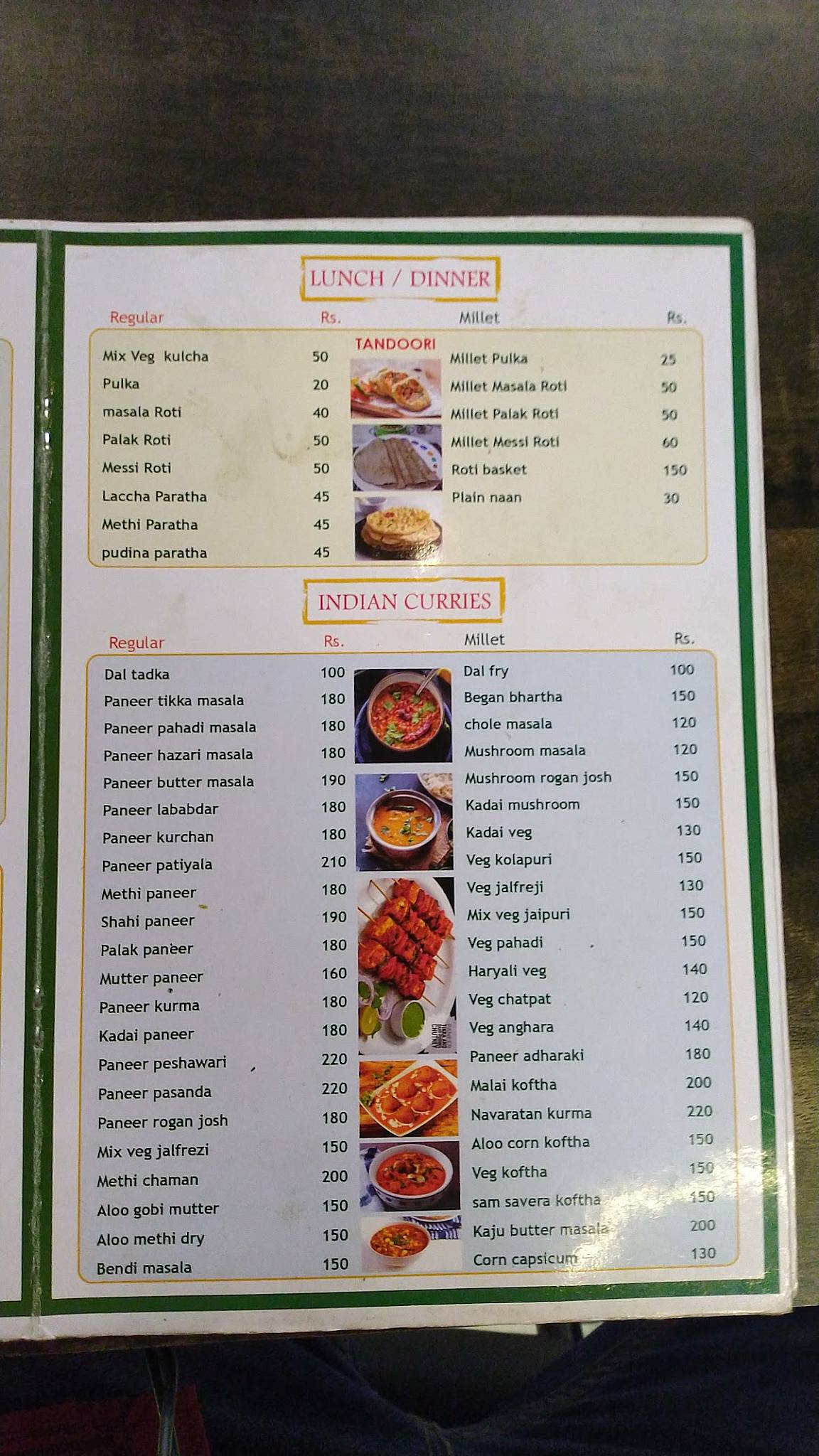 Menu at The millets, Rajahmundry