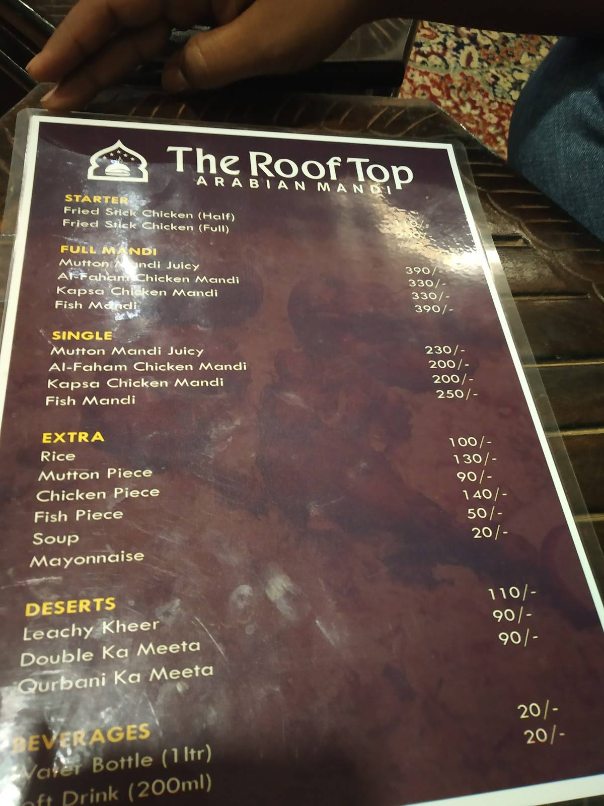 Menu at The rooftop mandi, Hyderabad