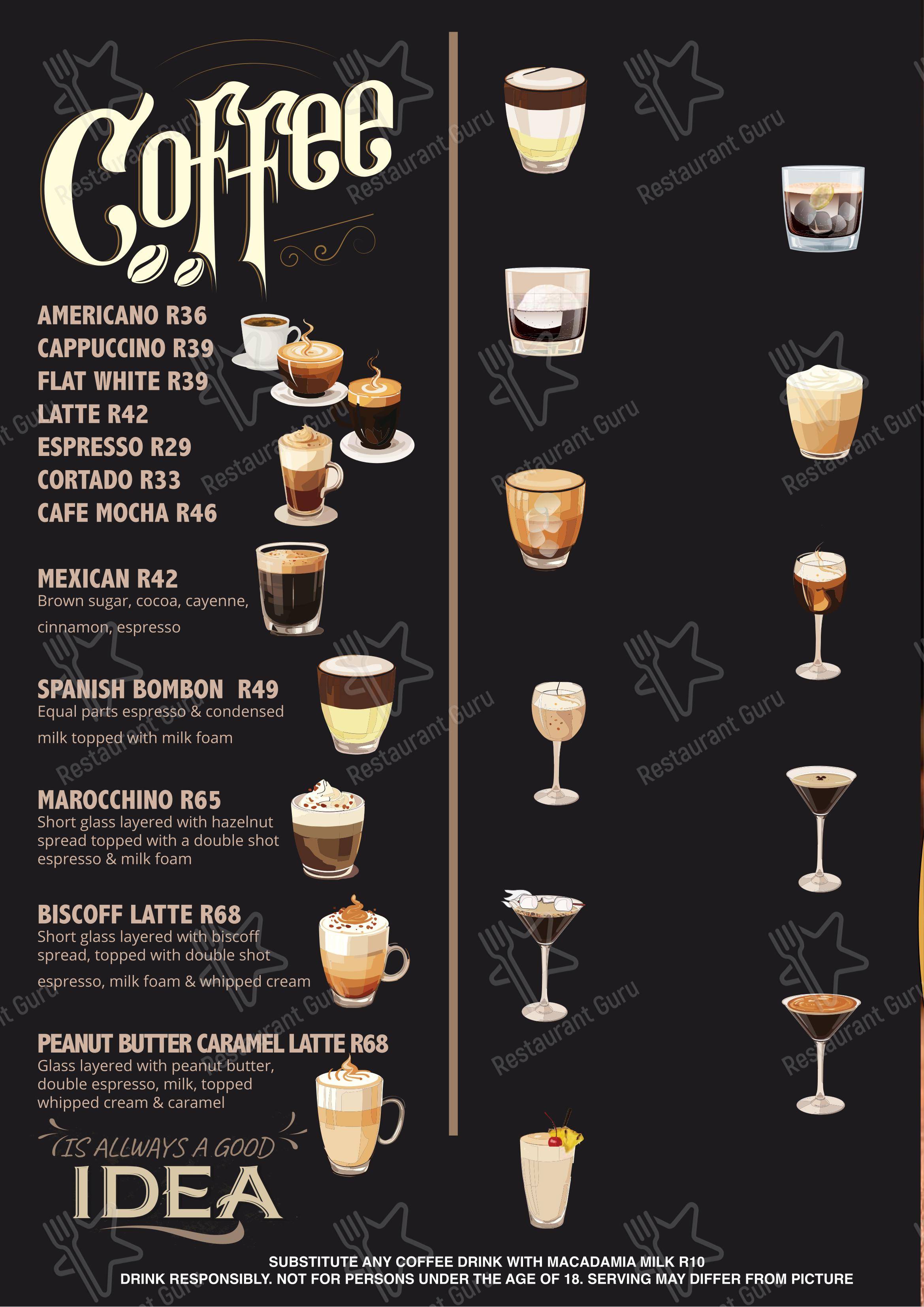 Menu at Thirsty Scarecrow restaurant, Stellenbosch