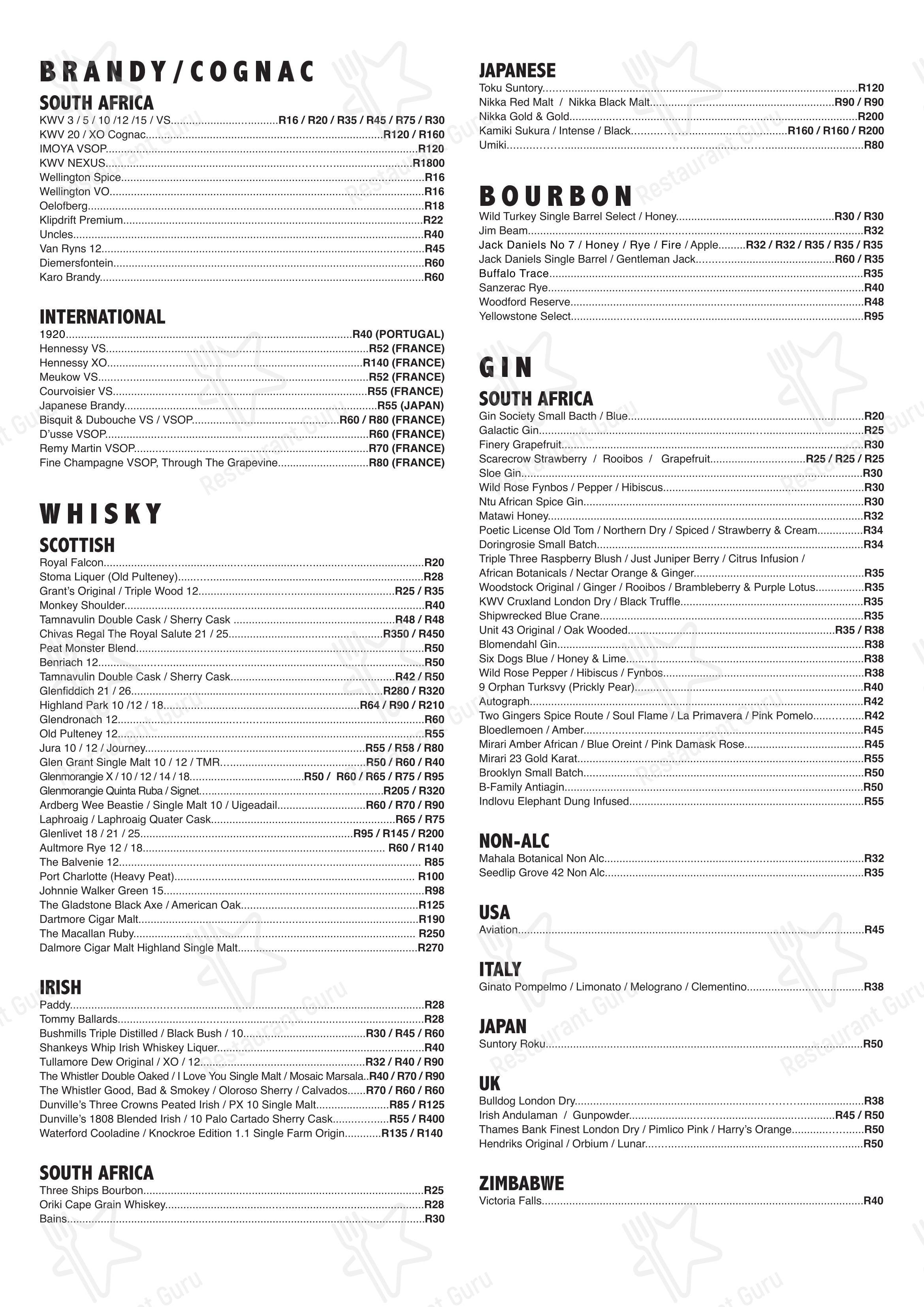 Menu at Thirsty Scarecrow restaurant, Stellenbosch