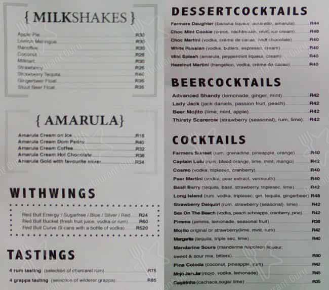 Menu at Thirsty Scarecrow pub & bar, Stellenbosch
