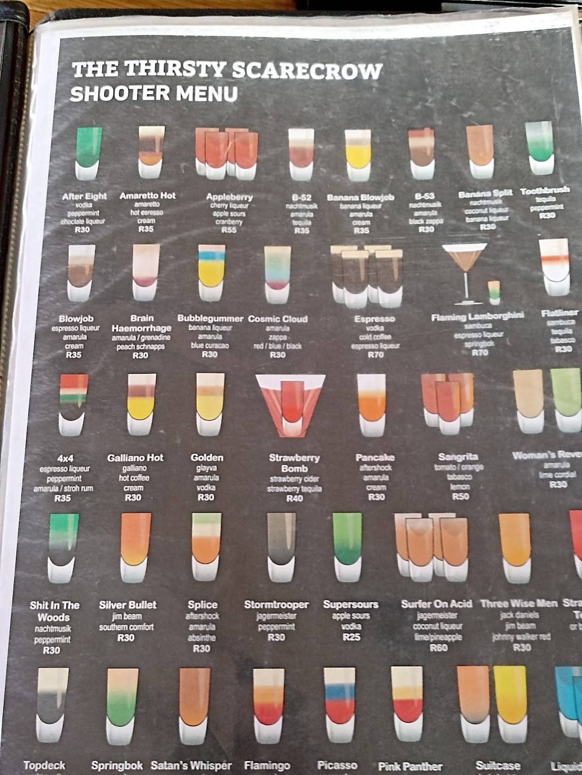 Menu at Thirsty Scarecrow pub & bar, Stellenbosch
