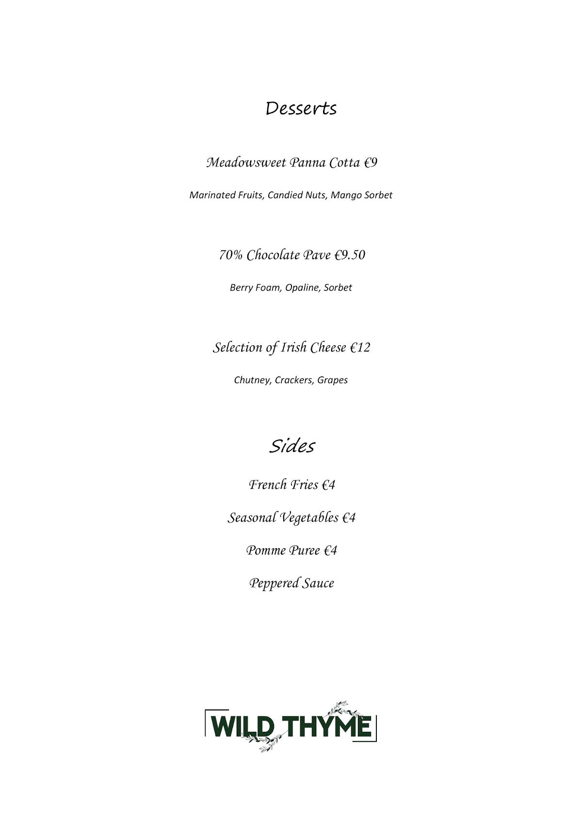 Menu at Wild Thyme Restaurant, Three Mile House