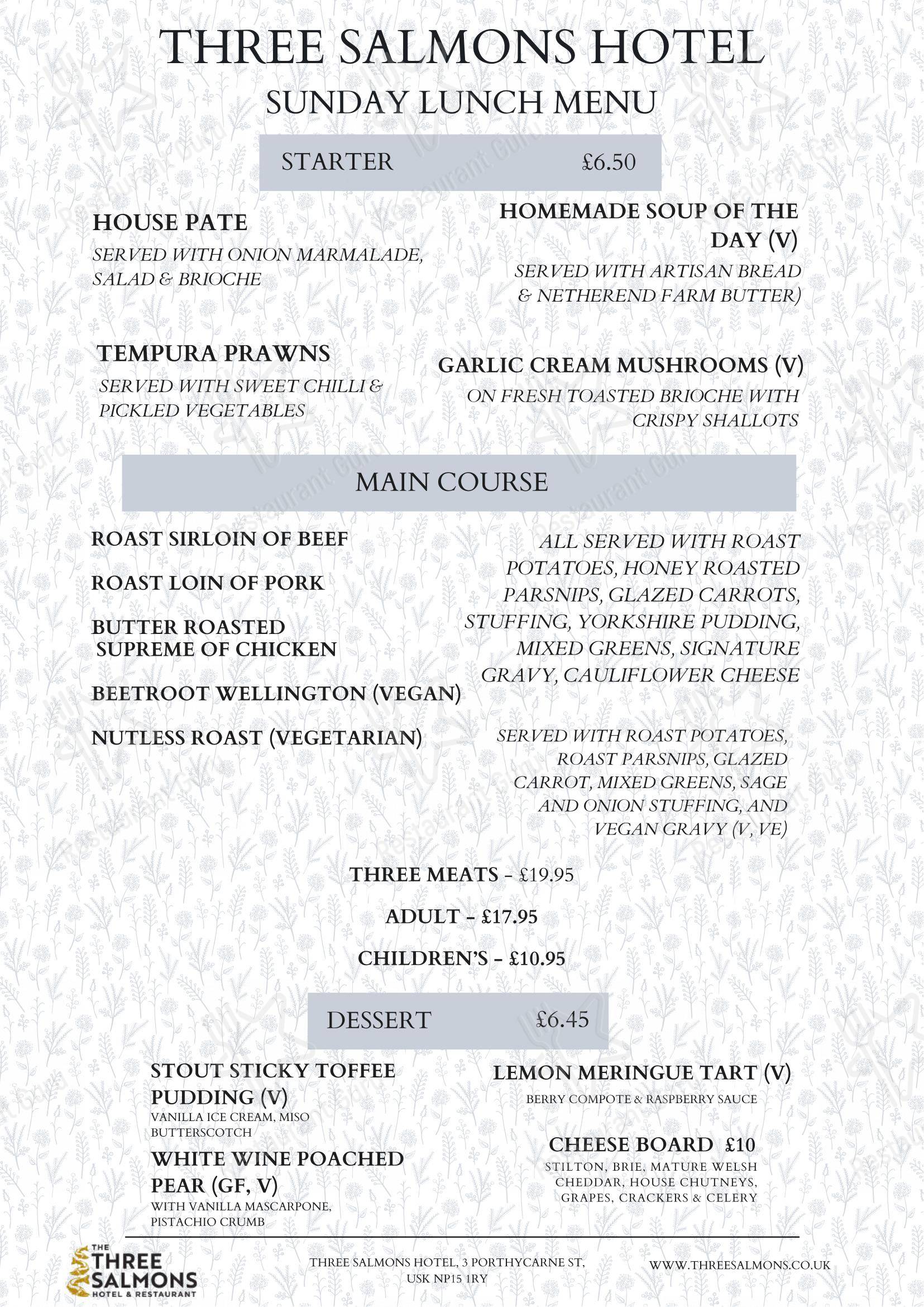 Menu at Three Salmons Hotel pub & bar, Usk