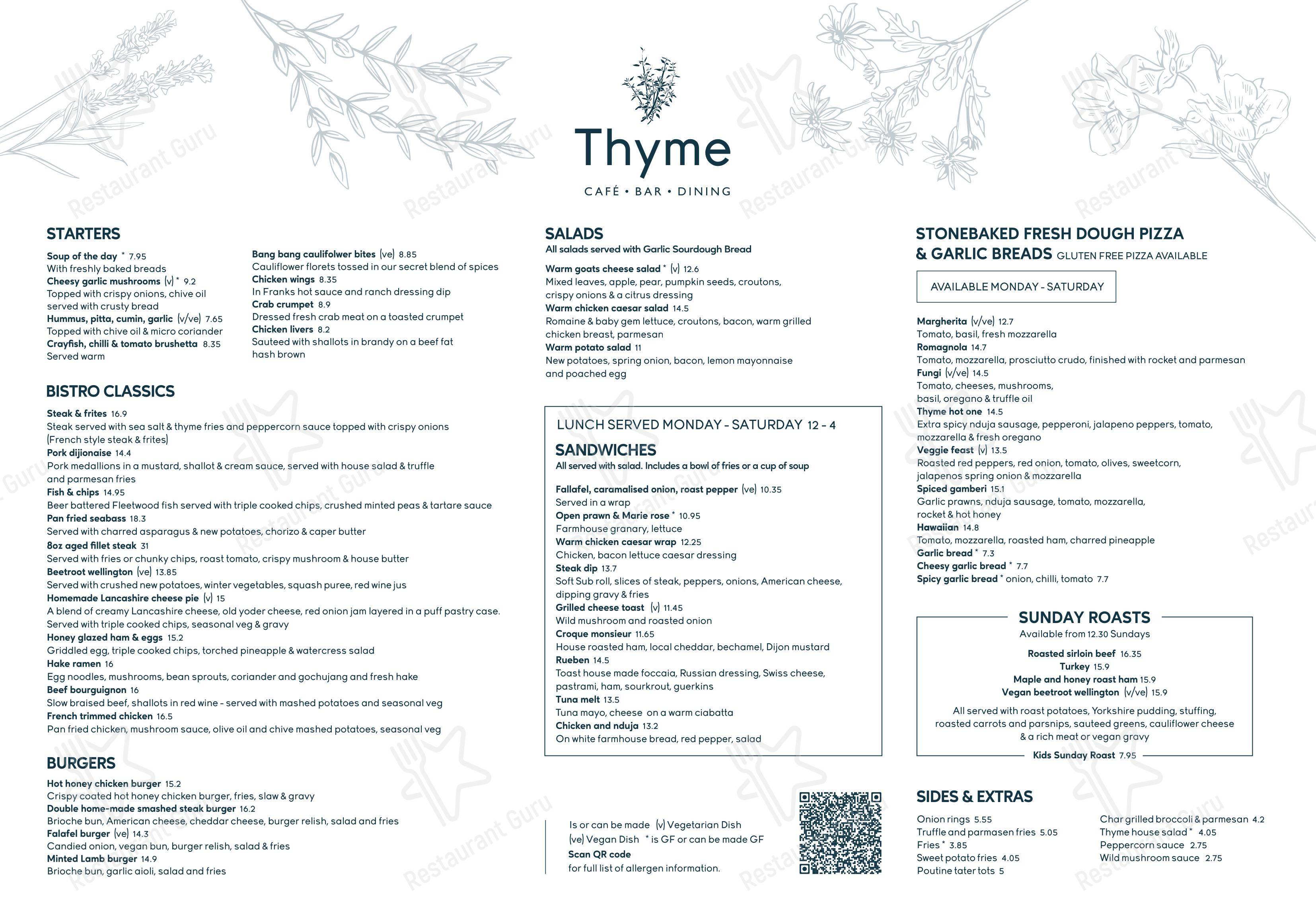 Menu at Thyme restaurant, Poulton-le-Fylde
