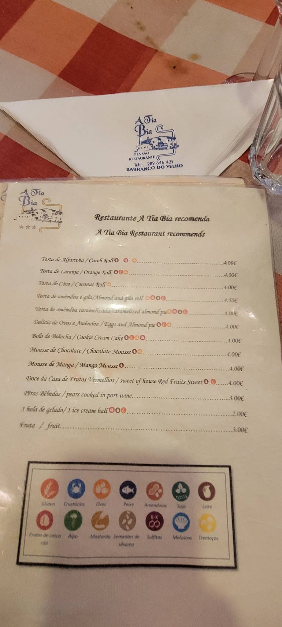 Menu at Tia Bia restaurant, Portugal