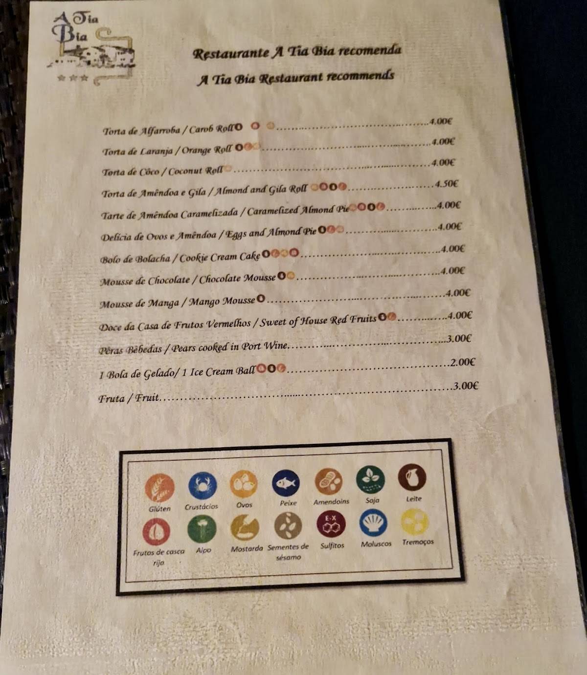 Menu at Tia Bia restaurant, Loulé