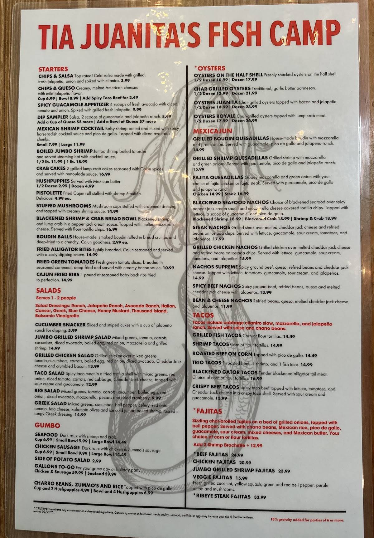 Menu at Tia Juanita's Fish Camp restaurant, Winnie
