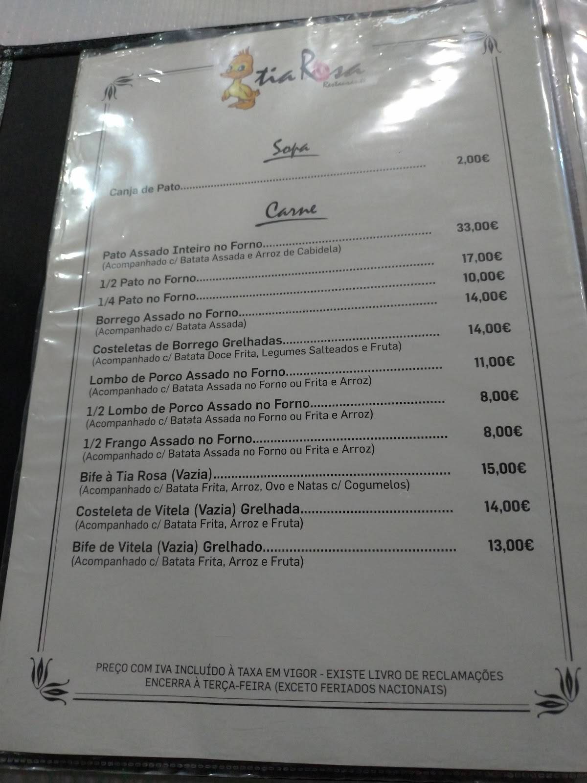 Menu at Tia Rosa restaurant, Melides, Fontainhas do mar
