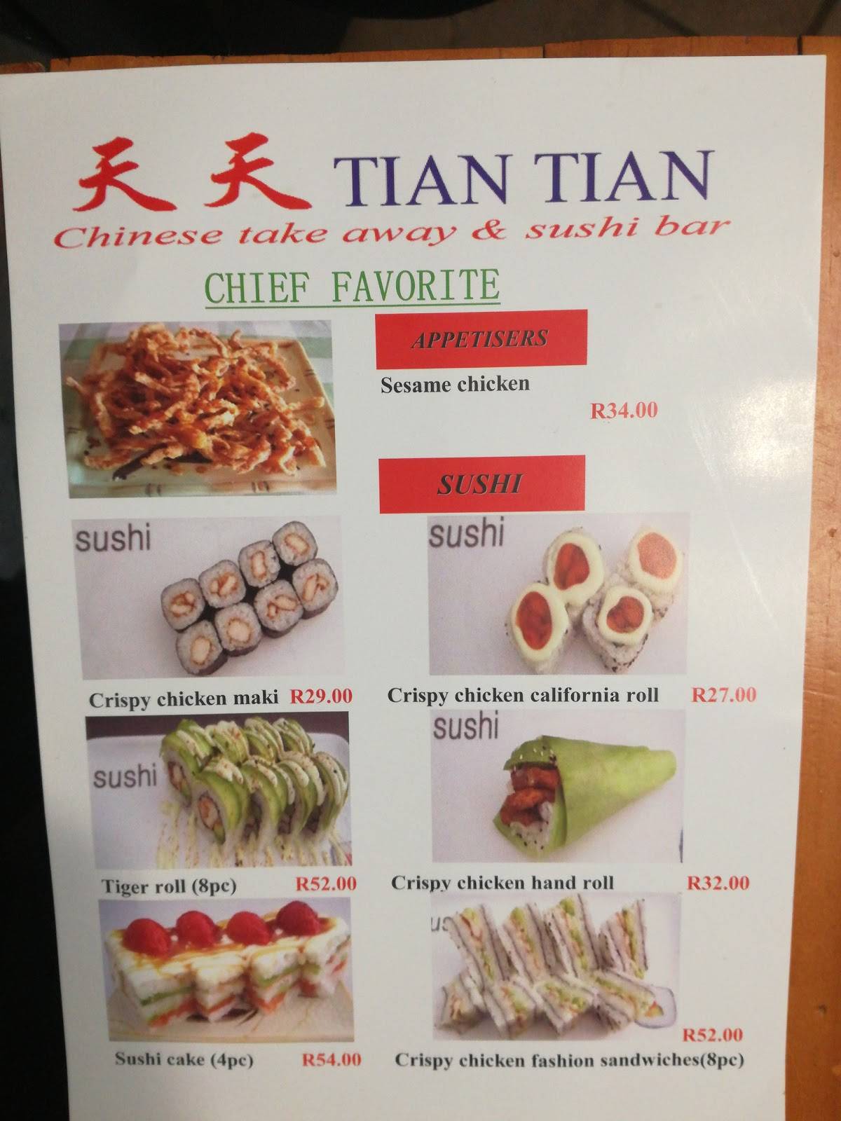 Menu at Tian Tian Chinese Restaurant & Sushi Bar, Pretoria, 488 Piering Rd