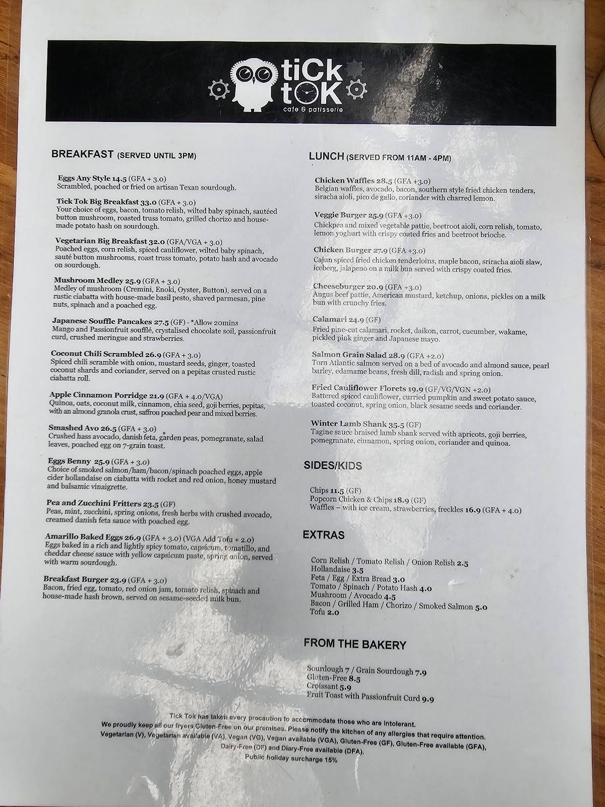 Menu at Tick Tok restaurant, Williamstown