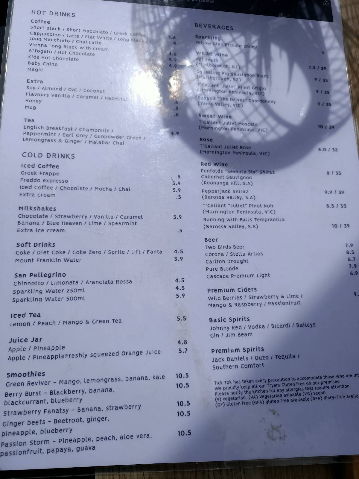 Menu at Tick Tok restaurant, Williamstown