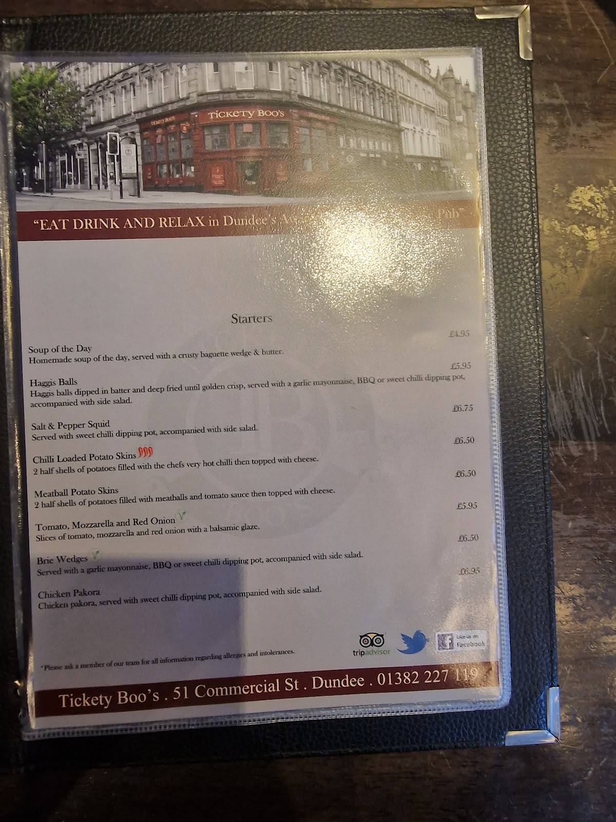 Menu at Tickety Boo's pub & bar, Dundee