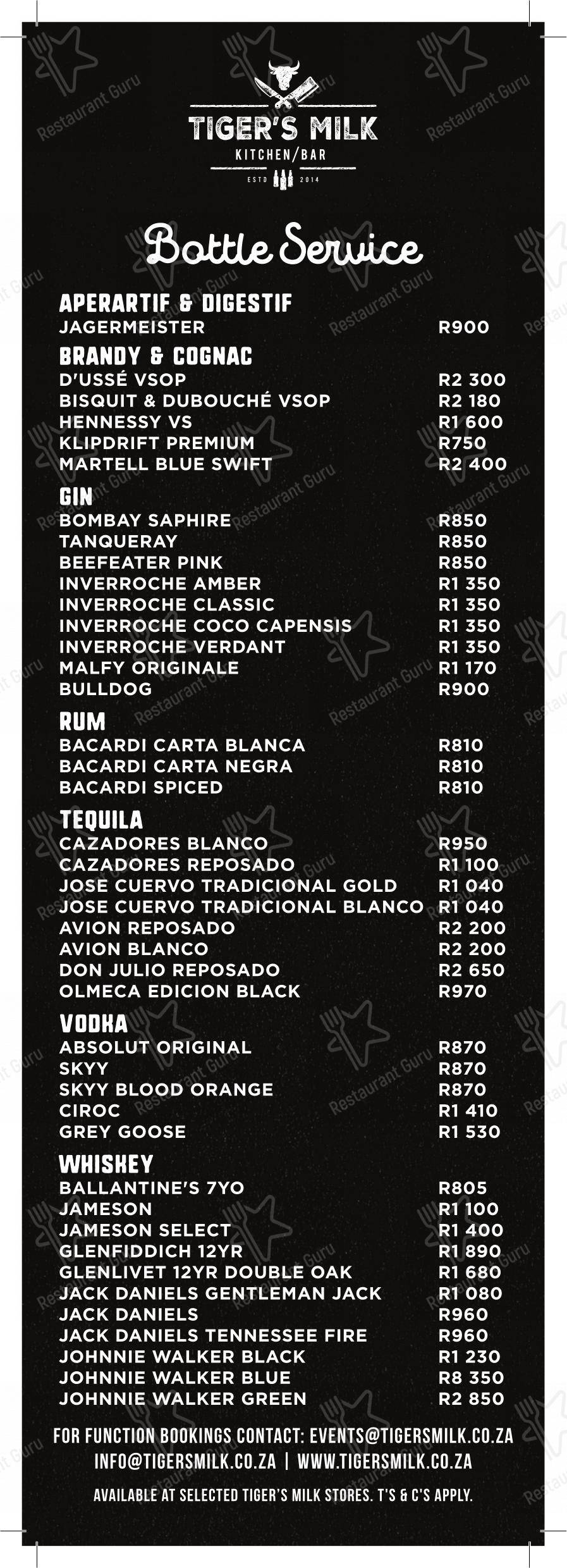 Menu at Tiger's Milk Long Street restaurant, Cape Town, 44 Long St
