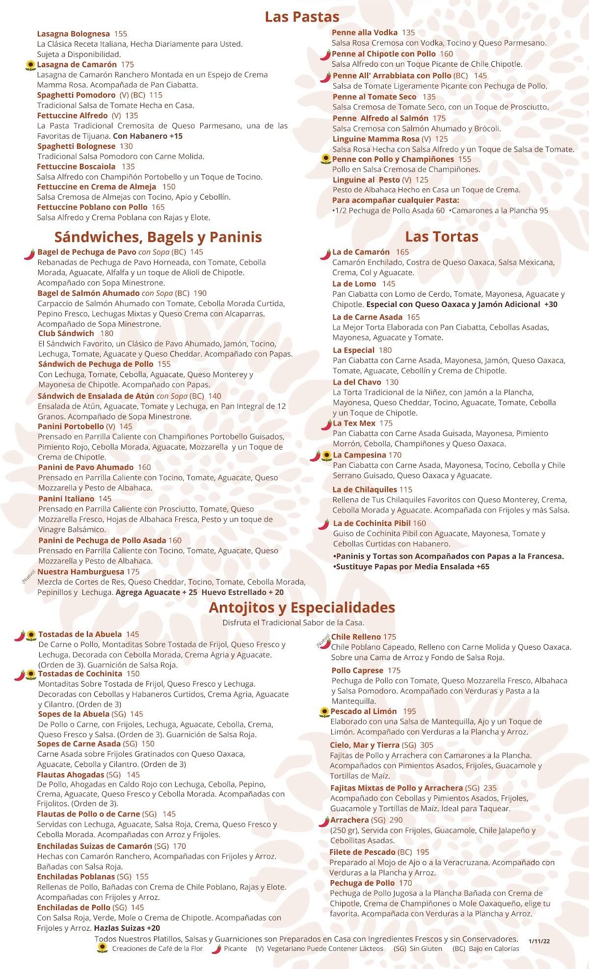 Carta de Café de la Flor, Tijuana, local E-01