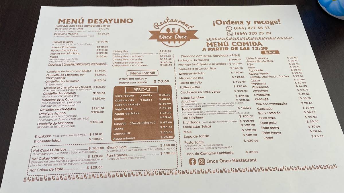 Carta de Once Once Restaurant, Tijuana, C. de la Nieve 257