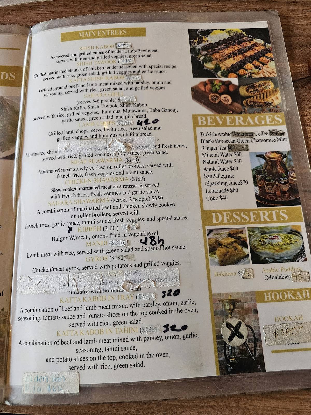 Menu at Sahara Taste of Arabia restaurant, Tijuana