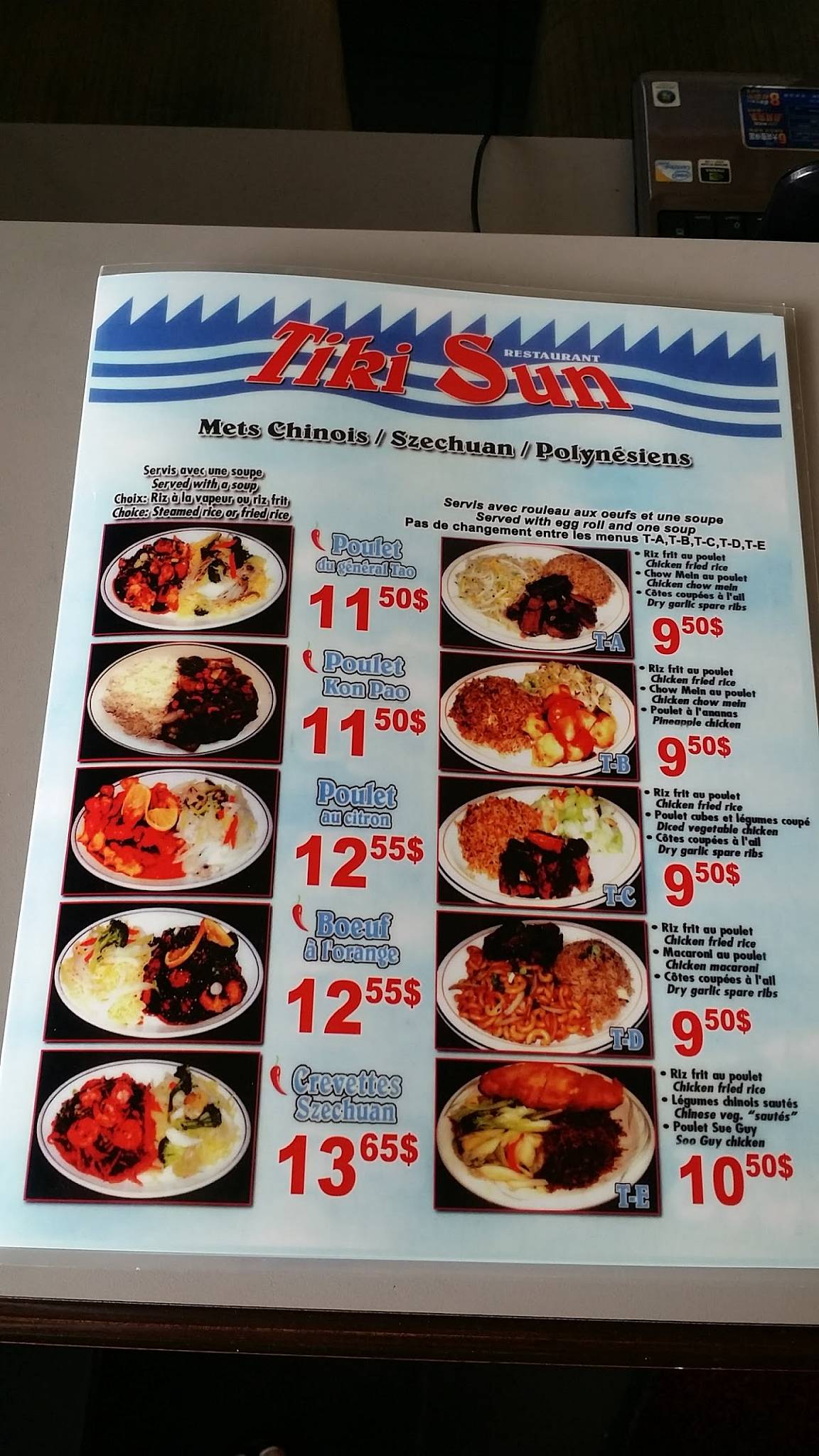 Menu au Tiki Sun Resto (Rive-Sud) restaurant, Longueuil