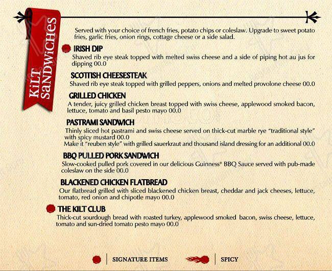 Menu at Tilted Kilt Pub and Eatery, San Diego, Camino Del Rio N